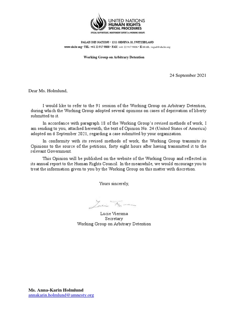 2021 09 24 Advance Un Human Rights Working Group On Arbitrary Detention Letter | PDF | Lawsuit ...