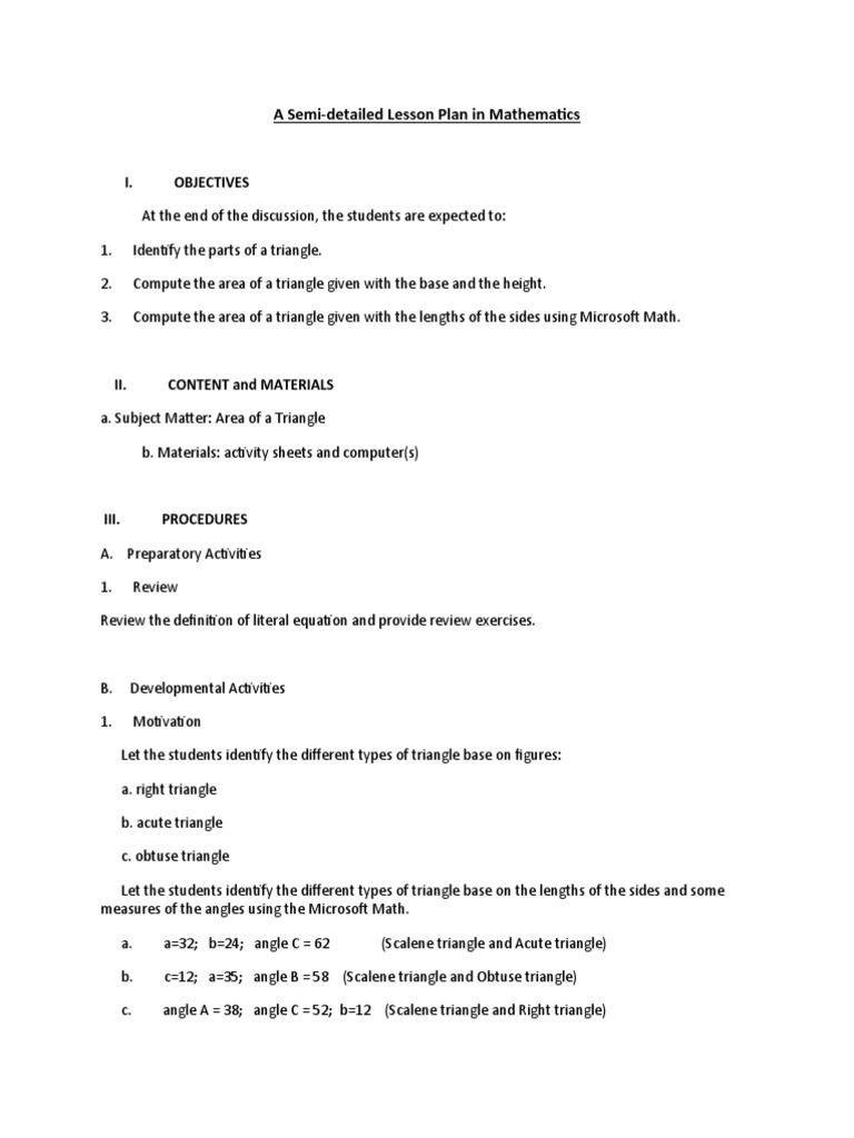 A Semi-Detailed Lesson Plan in Mathematics: I. Objectives | PDF ...