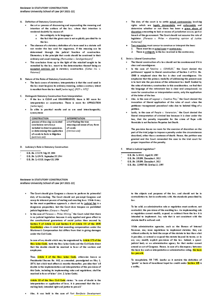 StatCon - Reviewer (2021) Part I | PDF | Statutory Interpretation | Labour Law
