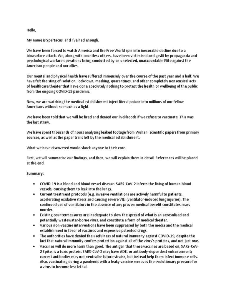 COVID-19 - The Spartacus Letter | PDF | Immune System | Messenger Rna