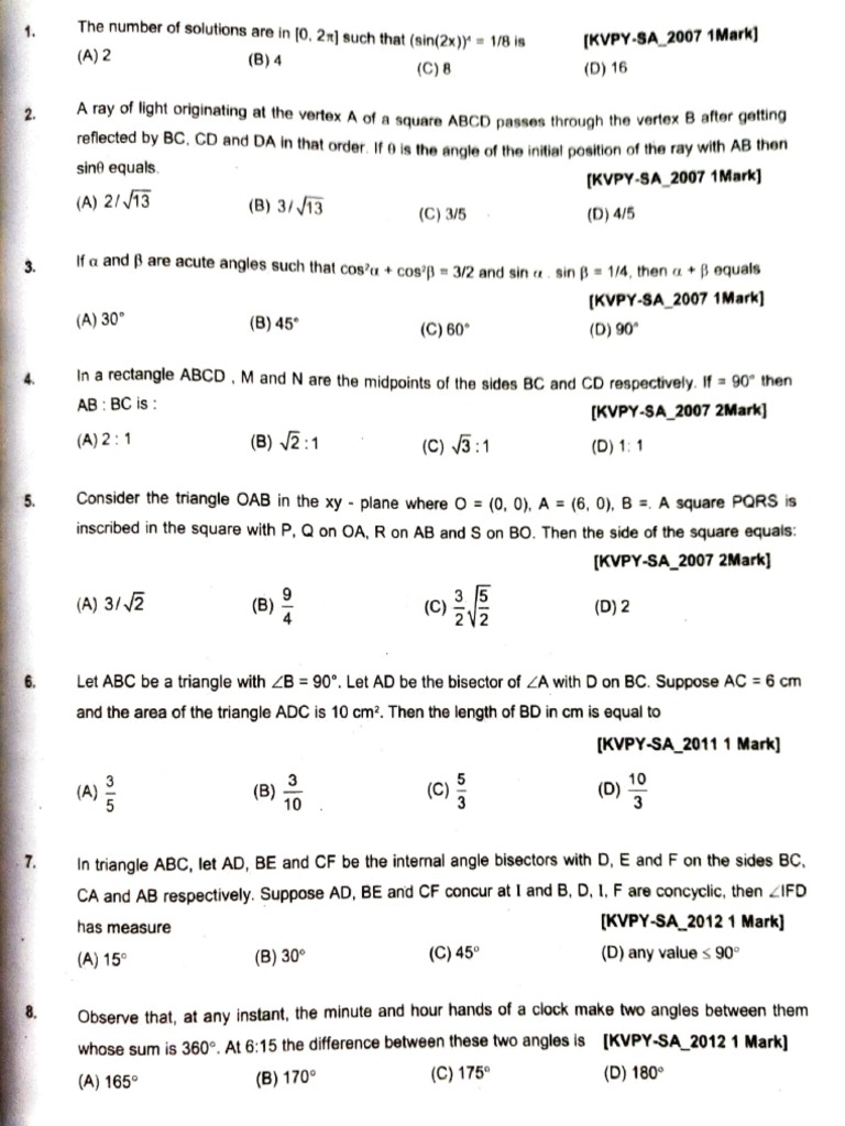Trigonometry and Quadratic Kvpy PYQ | PDF | Triangle | Polynomial