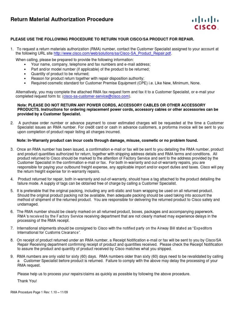 Return Material Authorization Procedure: RMA Procedure Page 1 Rev: 1.10 ...