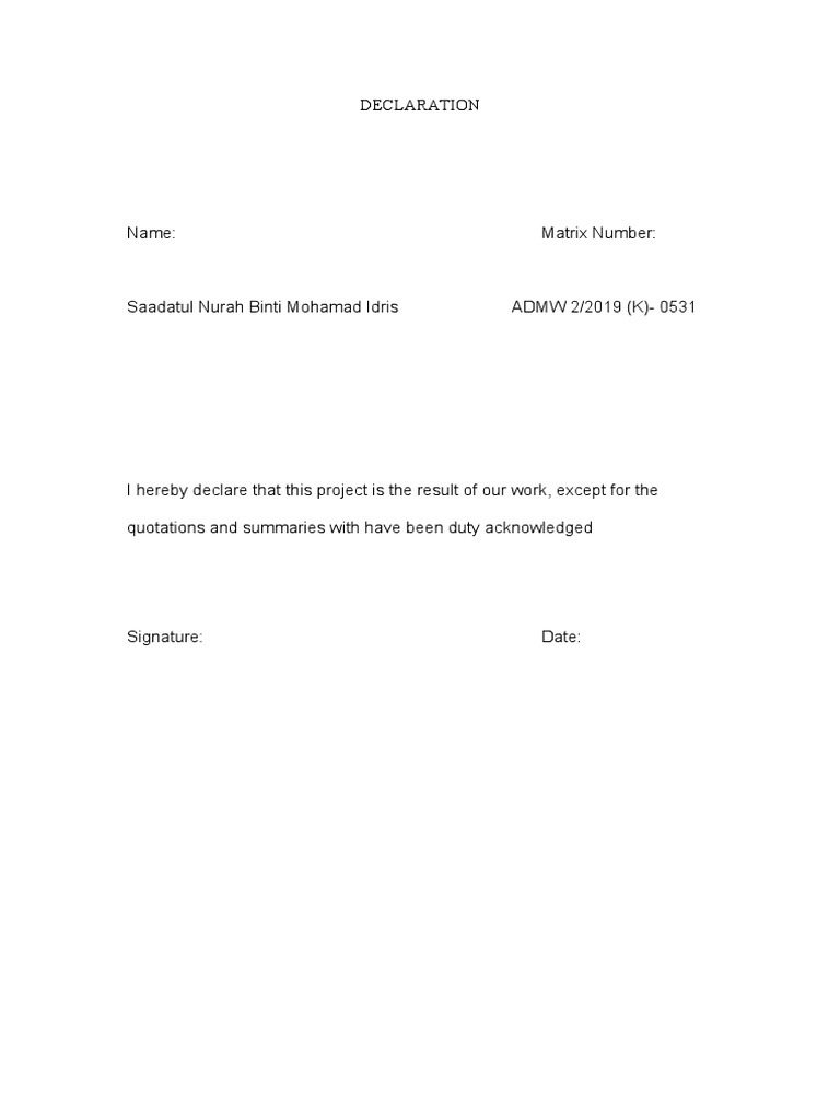 Project Declaration Form Template Pdf Business