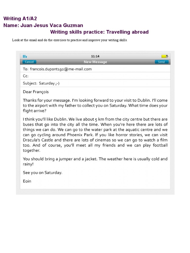 Writing A1/A2 Name: Juan Jesus Vaca Guzman Writing Skills Practice ...