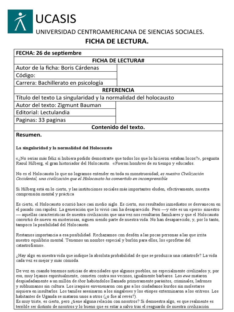 Ficha de Lectura La Singularidad y La Normalidad Del Holocausto | PDF ...