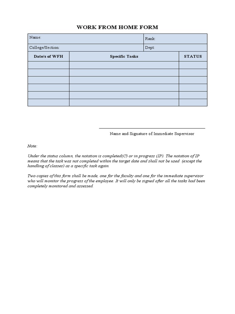 Work From Home Form: Date/s of WFH Specific Tasks Status | PDF