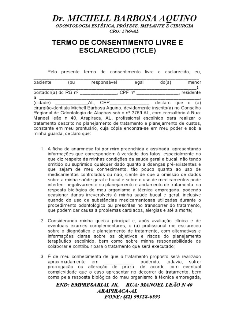 Termo de Consentimento Livre e Esclarecido para Tratamento Odontológico ...