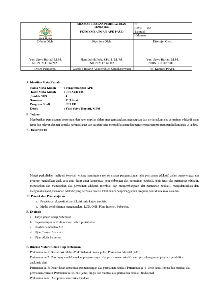 RPS Pengembangan Ape Paud Ysh 2021 | PDF