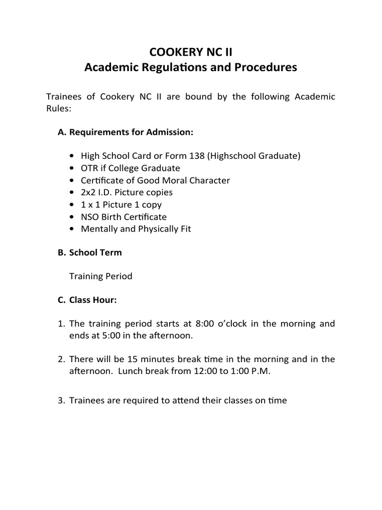 COOKERY NC II Academic Regulations | PDF | Credential