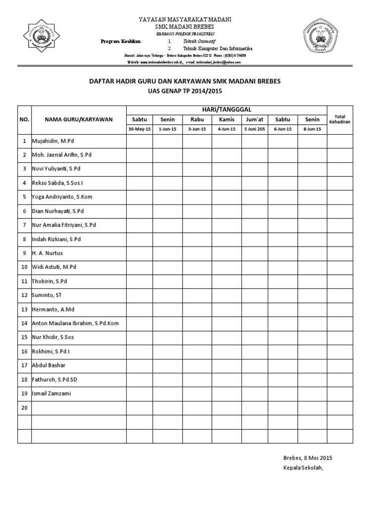 Daftar Hadir Pengawas No. Ujian Ruang Sampul | PDF