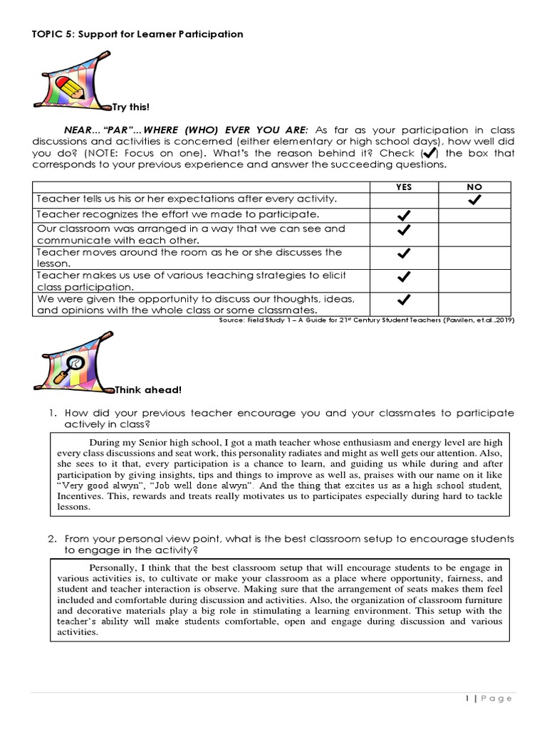 FS1 Worksheet TOPIC 5 | PDF | Teachers | Classroom