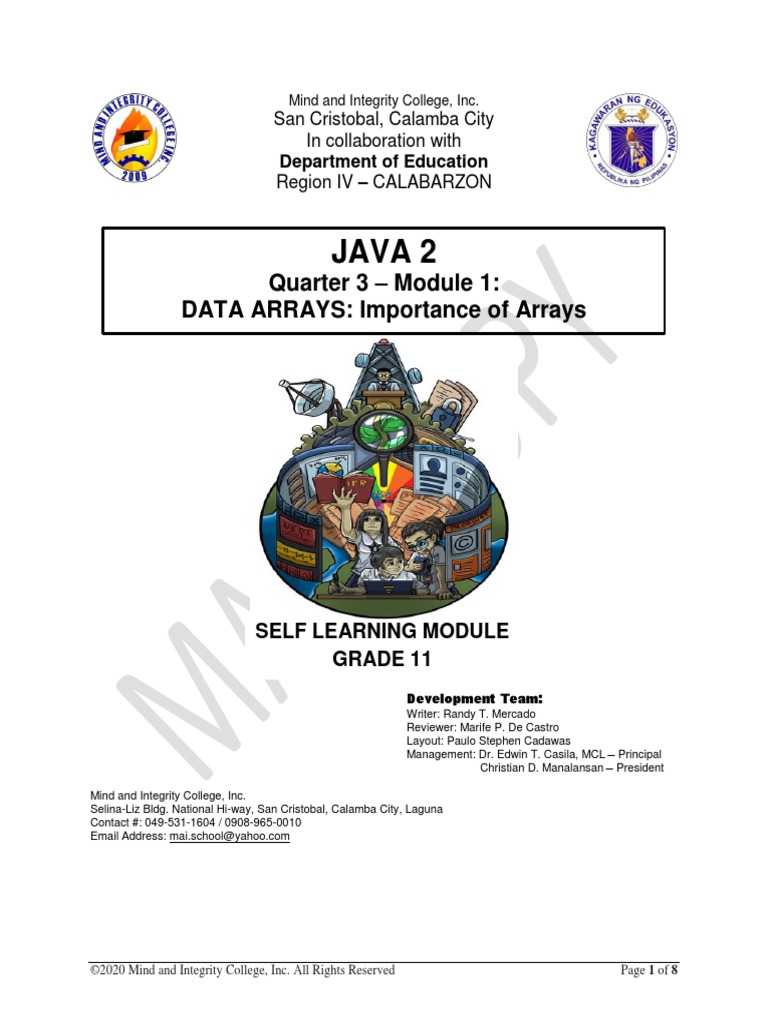 Java 2 Quarter 3 Module 1 Data Arrays Importance Of Arrays Pdf Array Data Structure