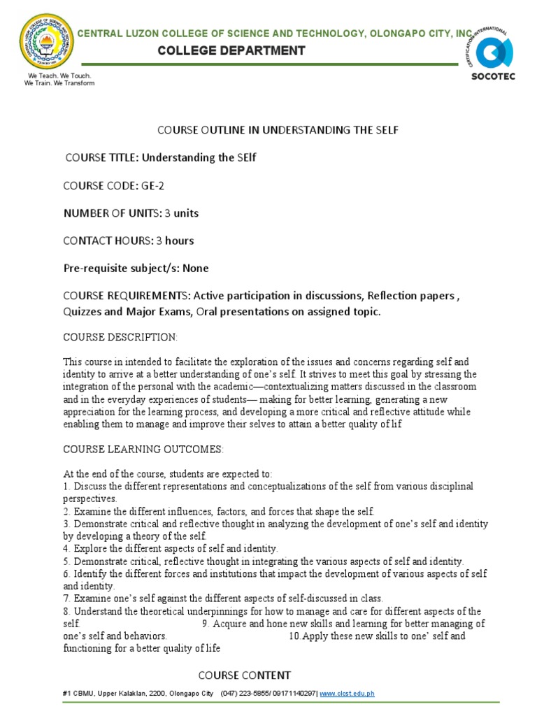 Course Outline Understandinf The Self | PDF | Self | Identity (Social ...