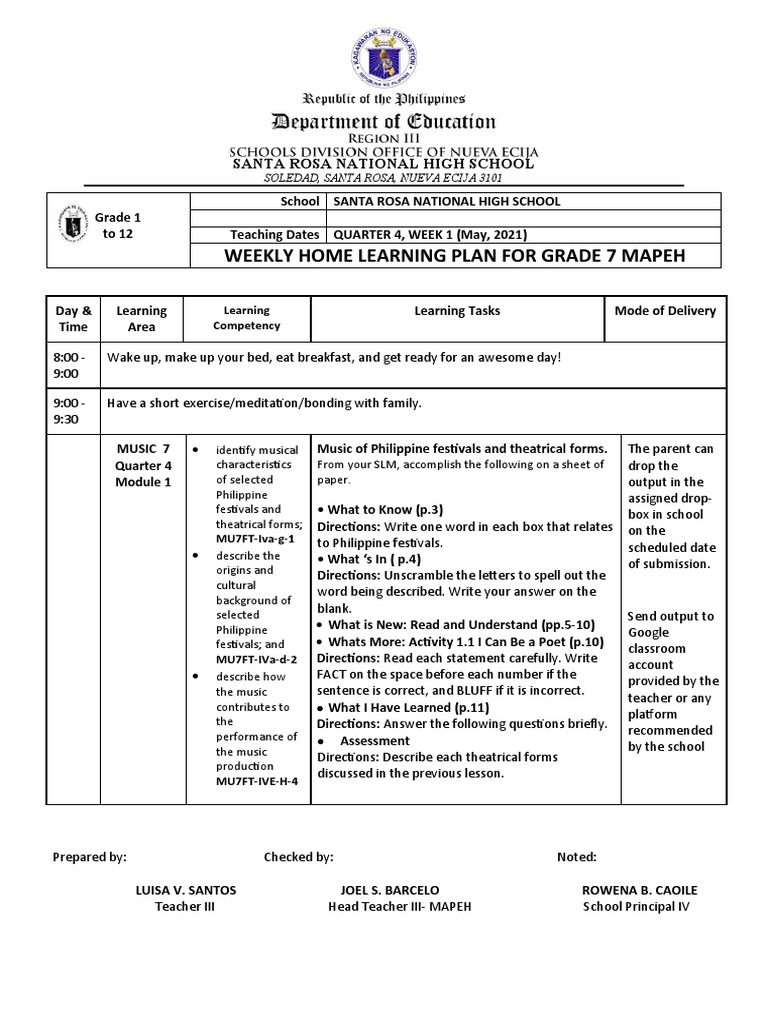 Weekly Home Learning Plan For Grade 7 Mapeh: Santa Rosa National High ...