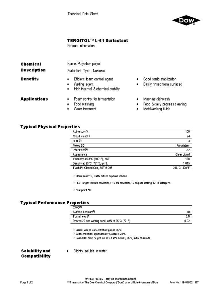 (MSDS) Tergitol L-61 TDS | PDF | Surfactant | Materials