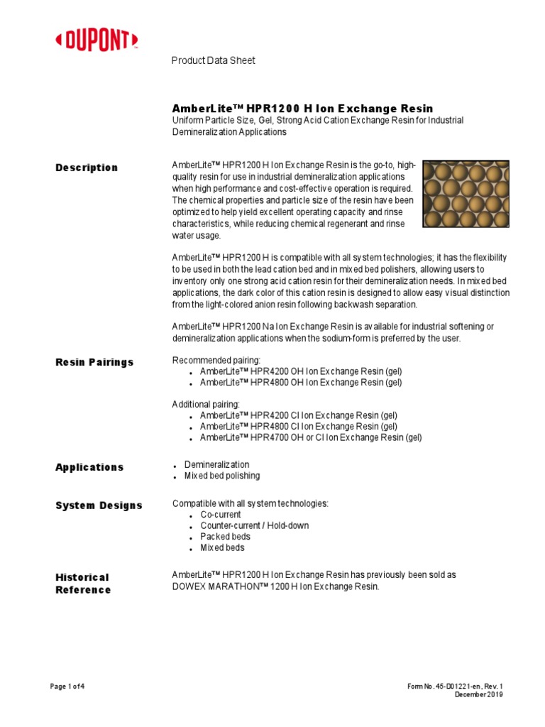 Amberlite™ Hpr1200 H Ion Exchange Resin: Product Data Sheet | PDF | Ion Exchange | Ion