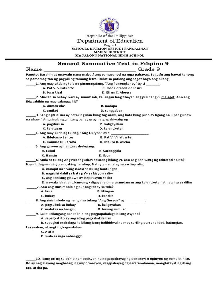 Second Summative Test in Filipino 9 | PDF