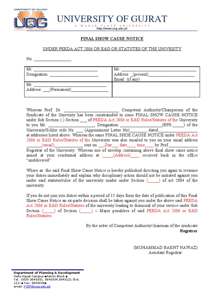 Final Show Cause Notice | Common Law | Public Law