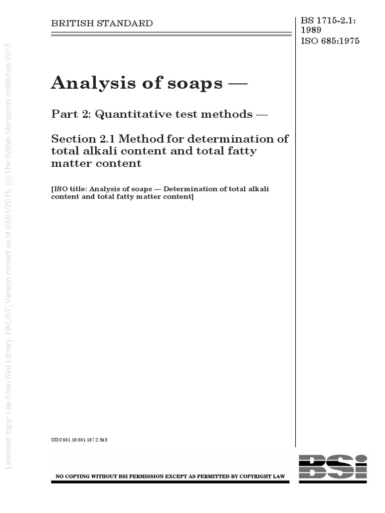(BS 1715-2.1 - 1989) - Analysis of Soaps. Quantitative Test Methods ... (BS 1715-2.1 - 1989) - Analysis of Soaps. Quantitative Test Methods ...