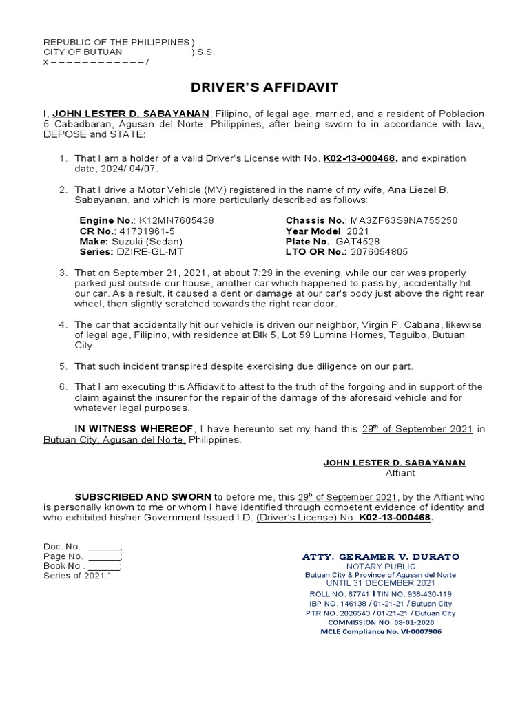 Affidavit of Driver - Sabayanan | PDF | Affidavit | Car Body Styles