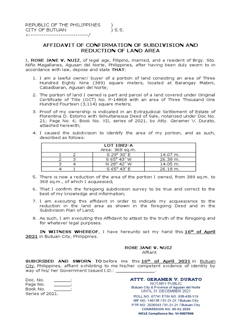 Affidavit of Subdivision Confirmation | PDF | Affidavit | Evidence