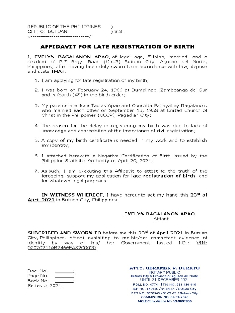 Affidavit for Late Birth Registration | PDF | Affidavit | Government