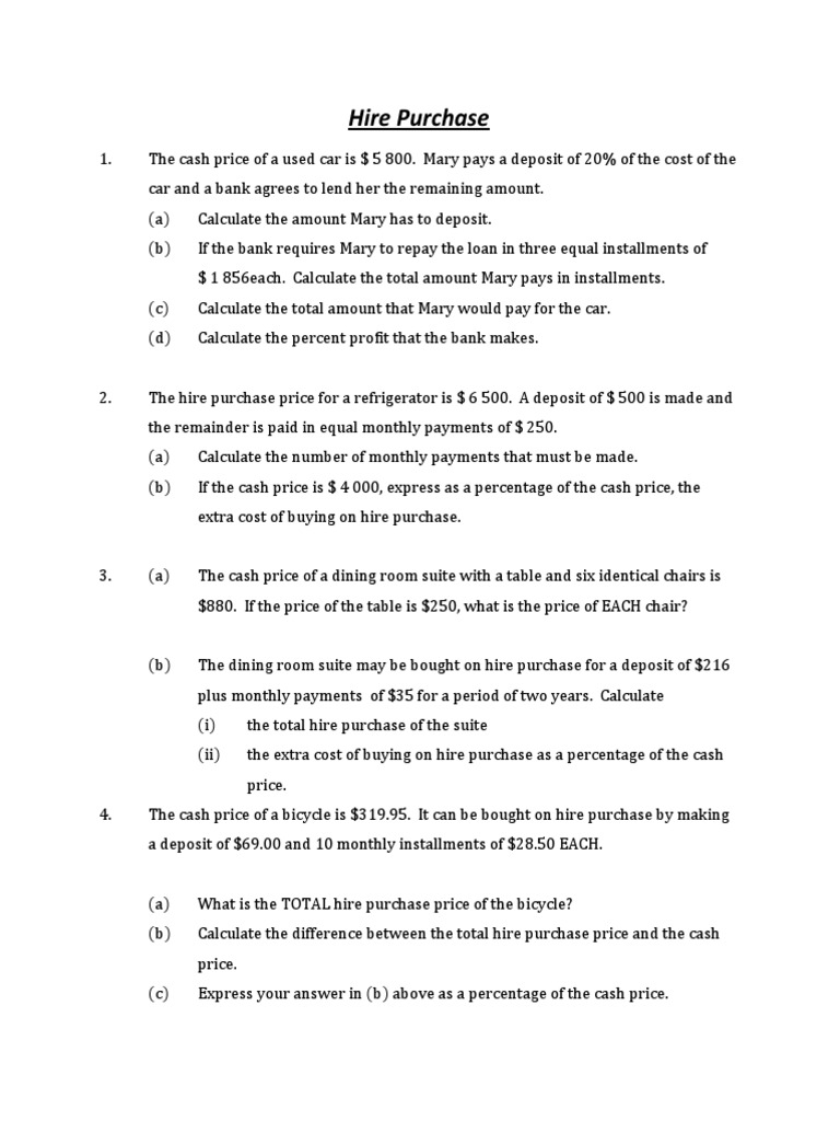 Hire Purchase Calculations and Examples | PDF | Business | Finance ...