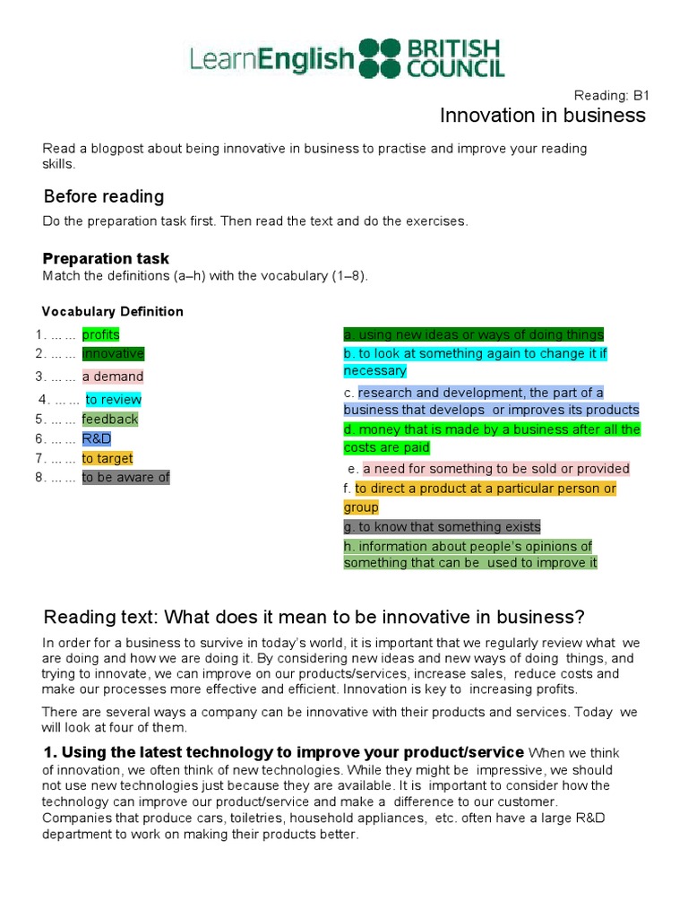 Innovation in Business: Before Reading | PDF | Innovation | Business