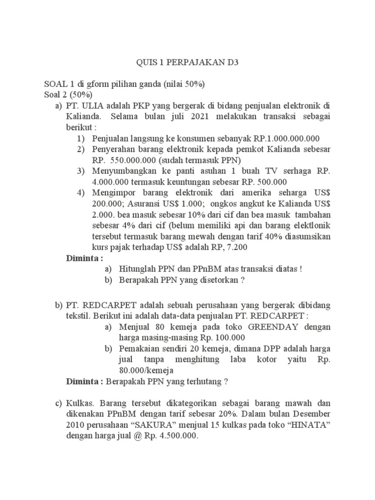 Quis 1 Perpajakan d3 | PDF