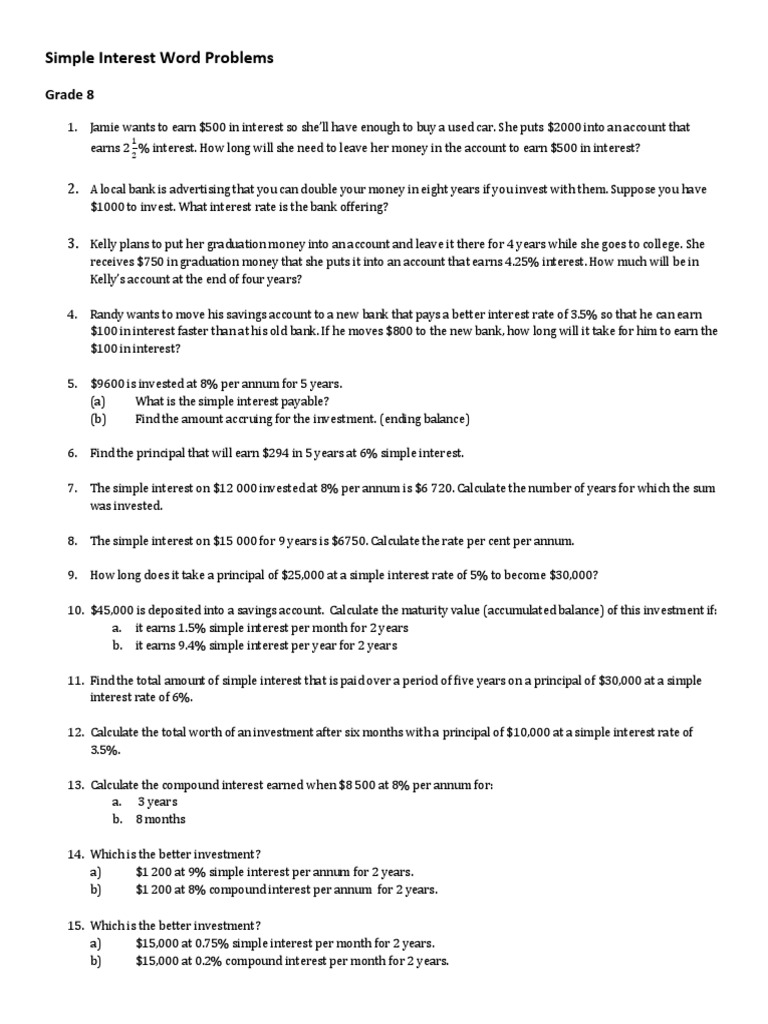 Simple Interest Word Problems: Grade 8 | PDF | Interest | Compound Interest