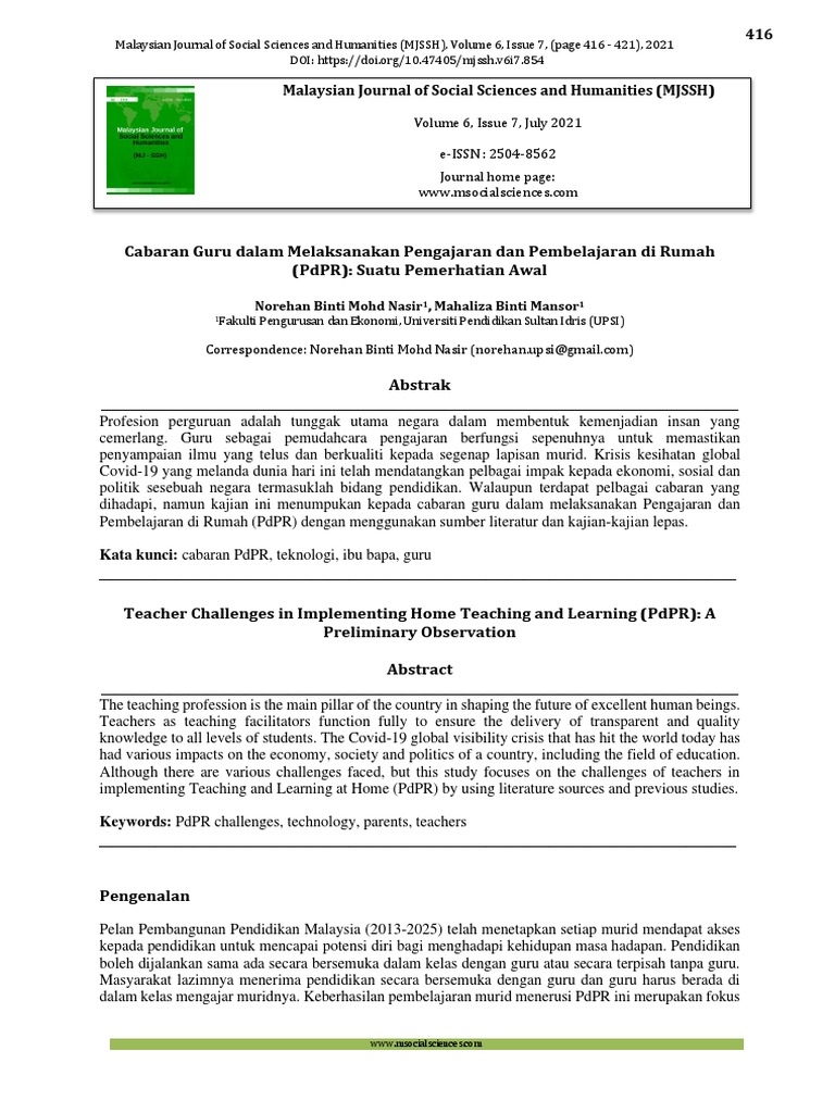 Cabaran Guru Dalam Melaksanakan Pengajaran Dan Pembelajaran Di Rumah | PDF
