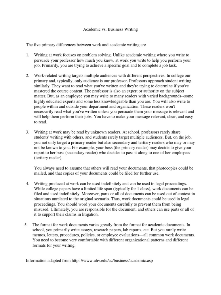 Academic Vs Business Writing | PDF | Expert | Document