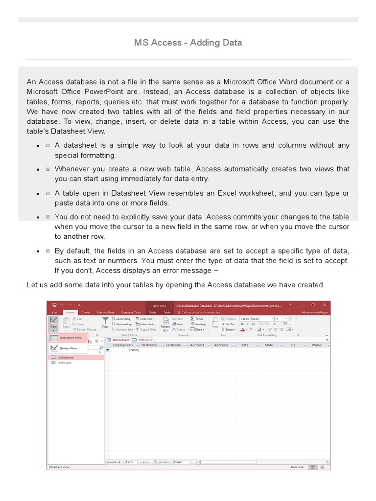 MS Access - Adding Data - Tutorialspoint | PDF