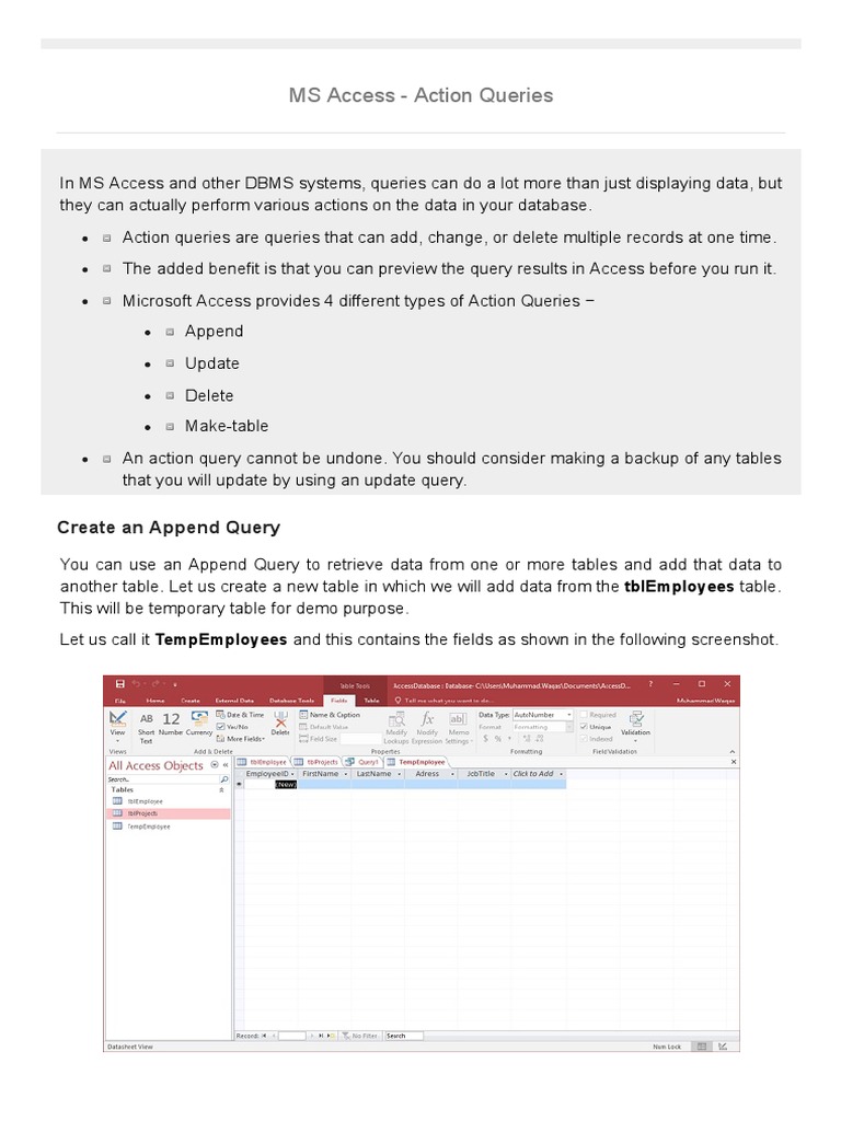 MS Access - Action Queries - Tutorialspoint | PDF