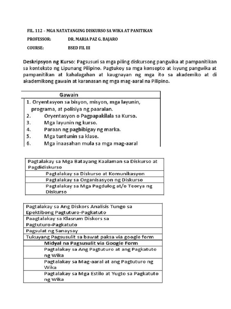 Fil 112-Mga Natatanging Diskurso Sa Wika at Panitikan | PDF
