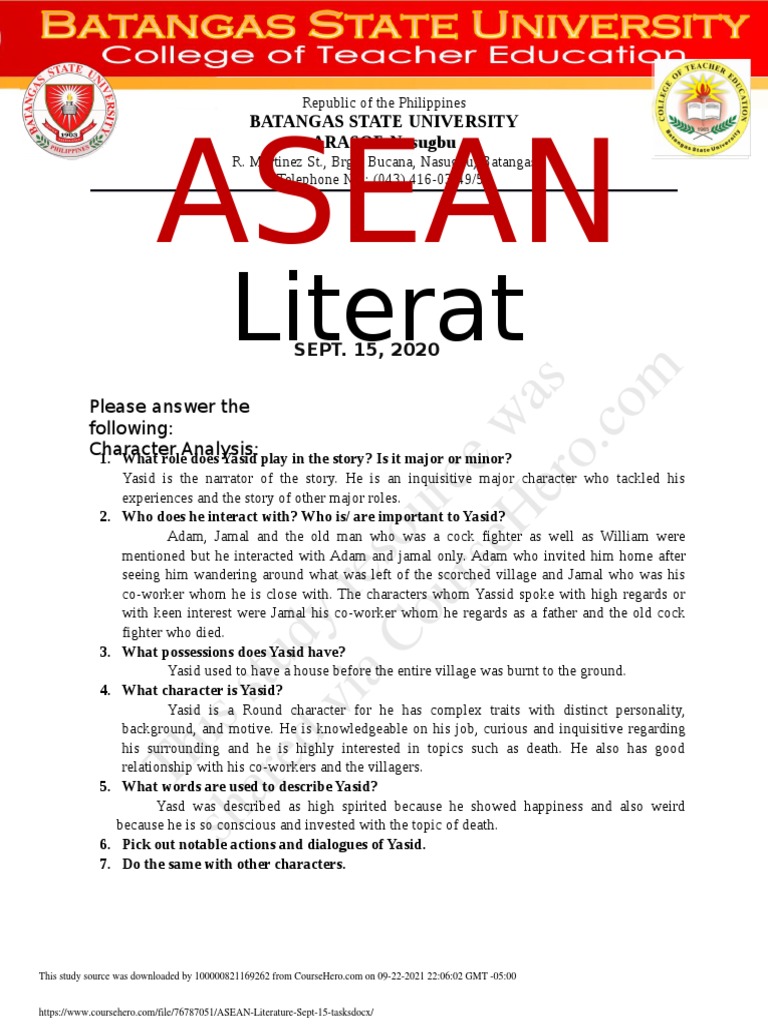 ASEAN Literature Sept 15 Tasks | PDF