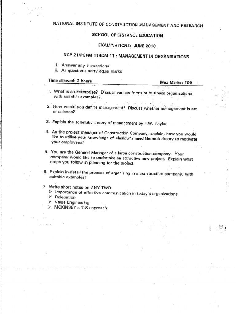 NICMAR Exam Question Papers Overview | PDF