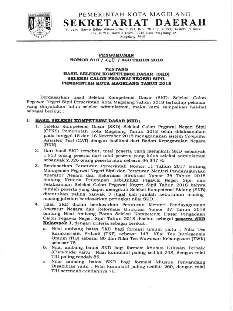 Hasil SKD Seleksi CPNS Pemerintah Kota Magelang Tahun 2018 | PDF