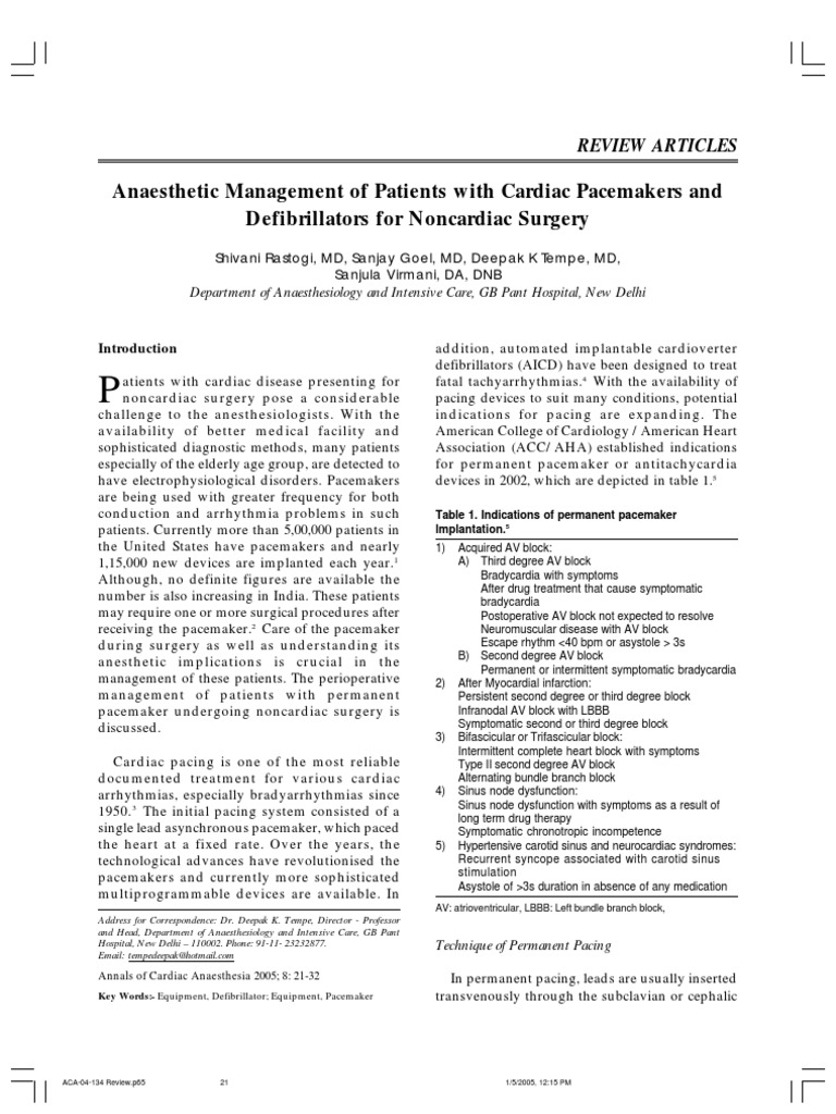 Anaesthetic Management of Patients With Cardiac Pacemakers and Defibrillators For Noncardiac ...