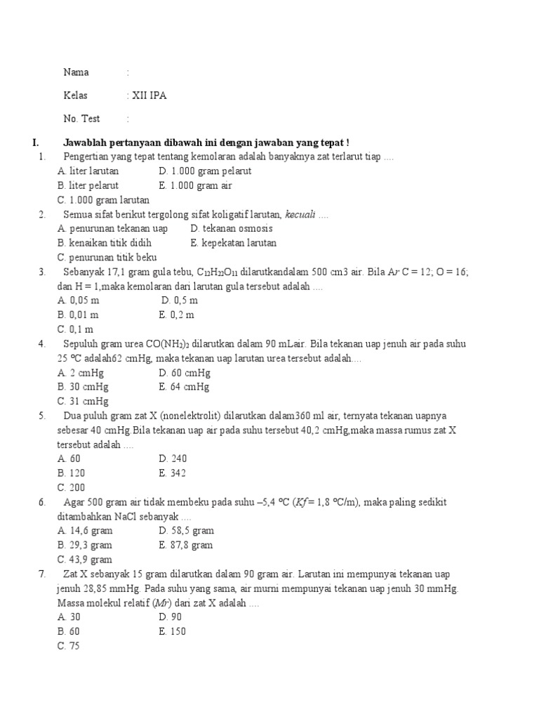 Soal PTS Kimia Kelas Xii | PDF | Sains & Matematika