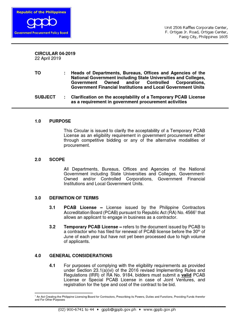 GPPB Circular No. 04-2019 (Temporary PCAB License) | PDF | Procurement | Business