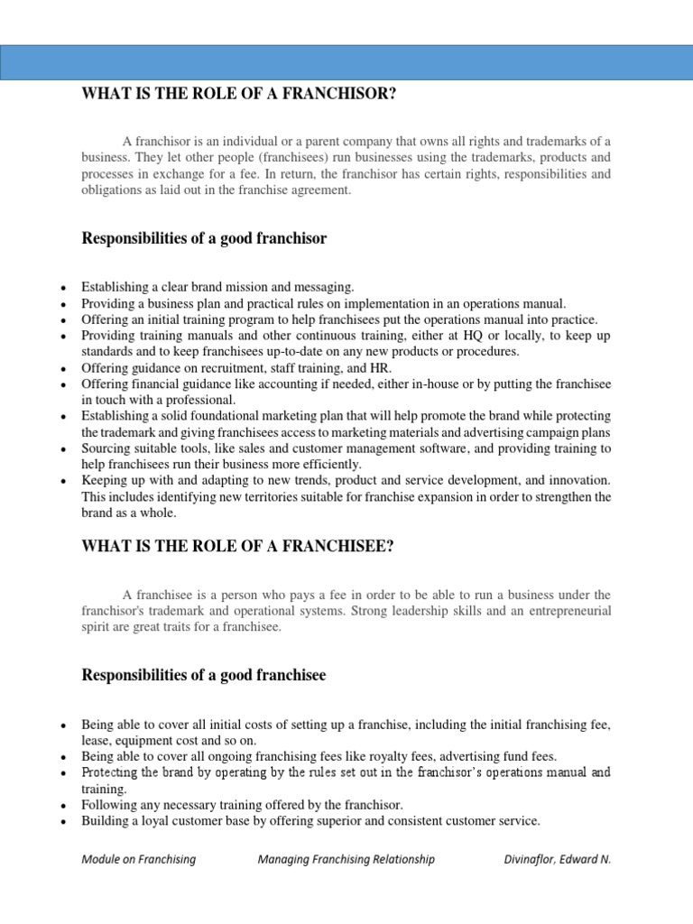 Franchisor and Franchisee Roles Explained | PDF | Franchising | Business