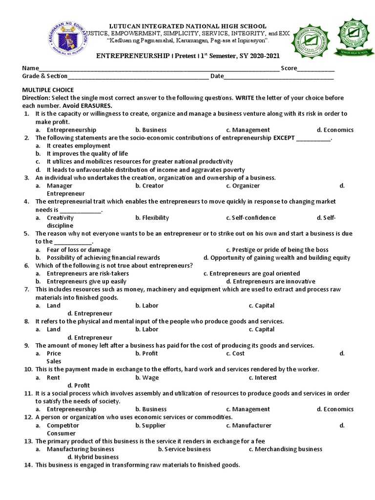 Entrep Pretest 1st Quarter | PDF | Entrepreneurship | Business