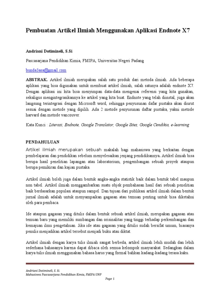 Pembuatan Artikel Ilmiah Menggunakan Aplikasi Endnote X7 | PDF