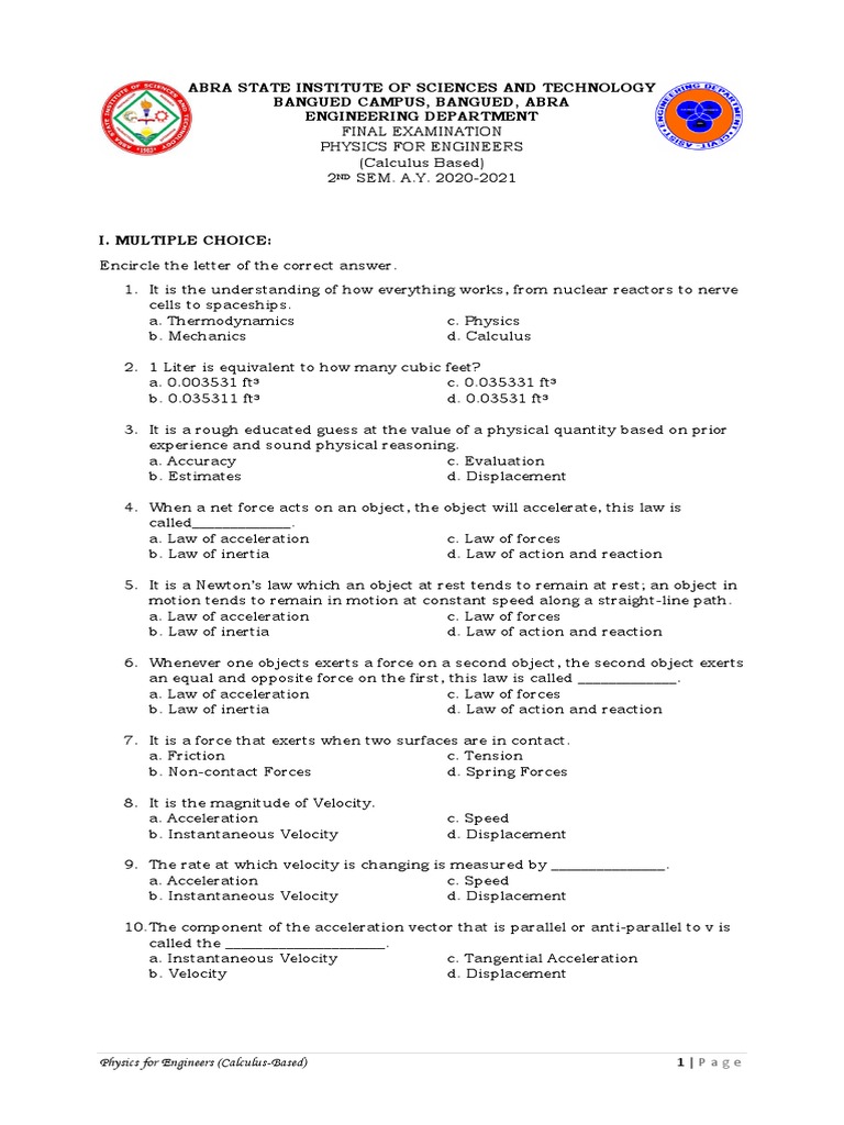 Physics Final Exam | PDF | Force | Acceleration