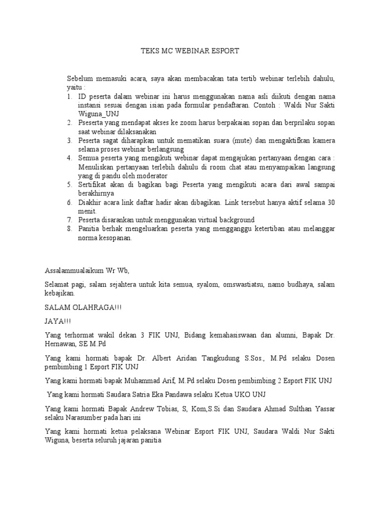 Teks MC Webinar Esport | PDF