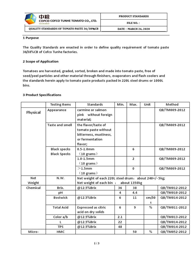 Cofco Tunhe Tomato Paste Standards | PDF | Chemical Substances | Materials