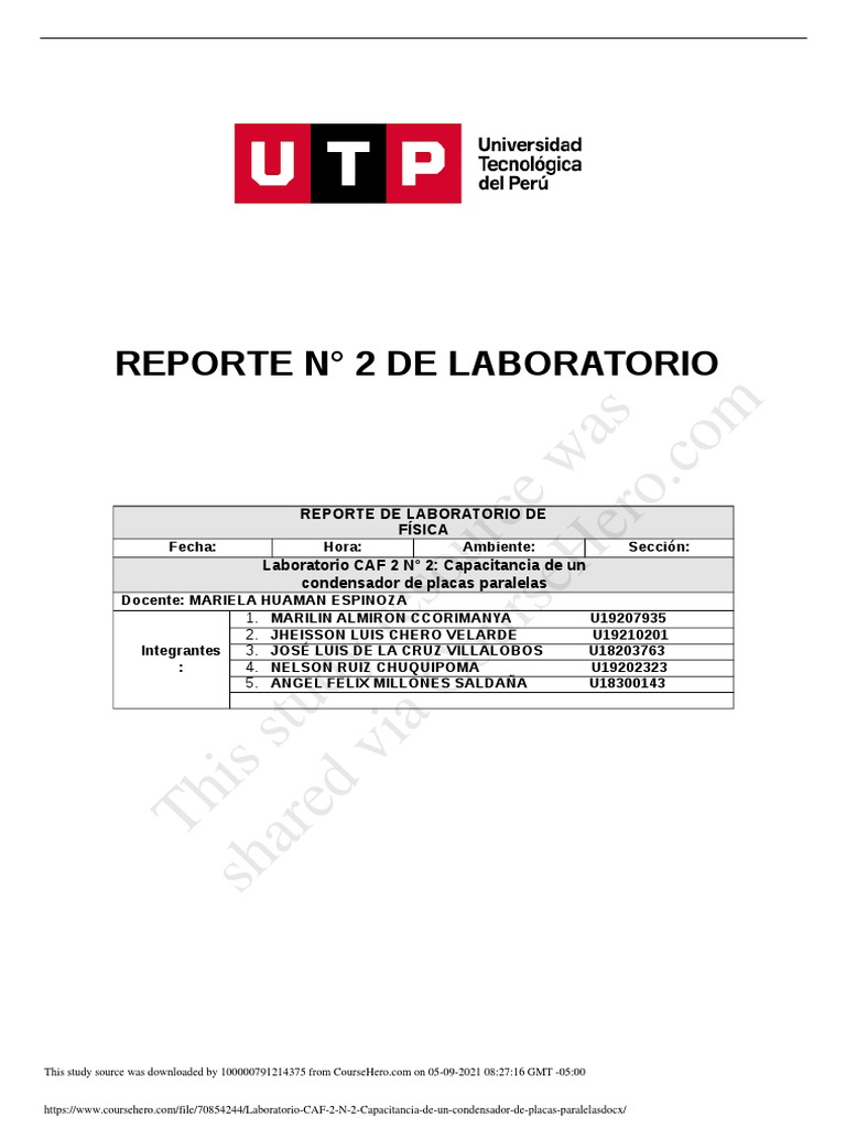Laboratorio CAF 2 N 2 Capacitancia de Un Condensador de Placas Paralelas | PDF | Condensador ...