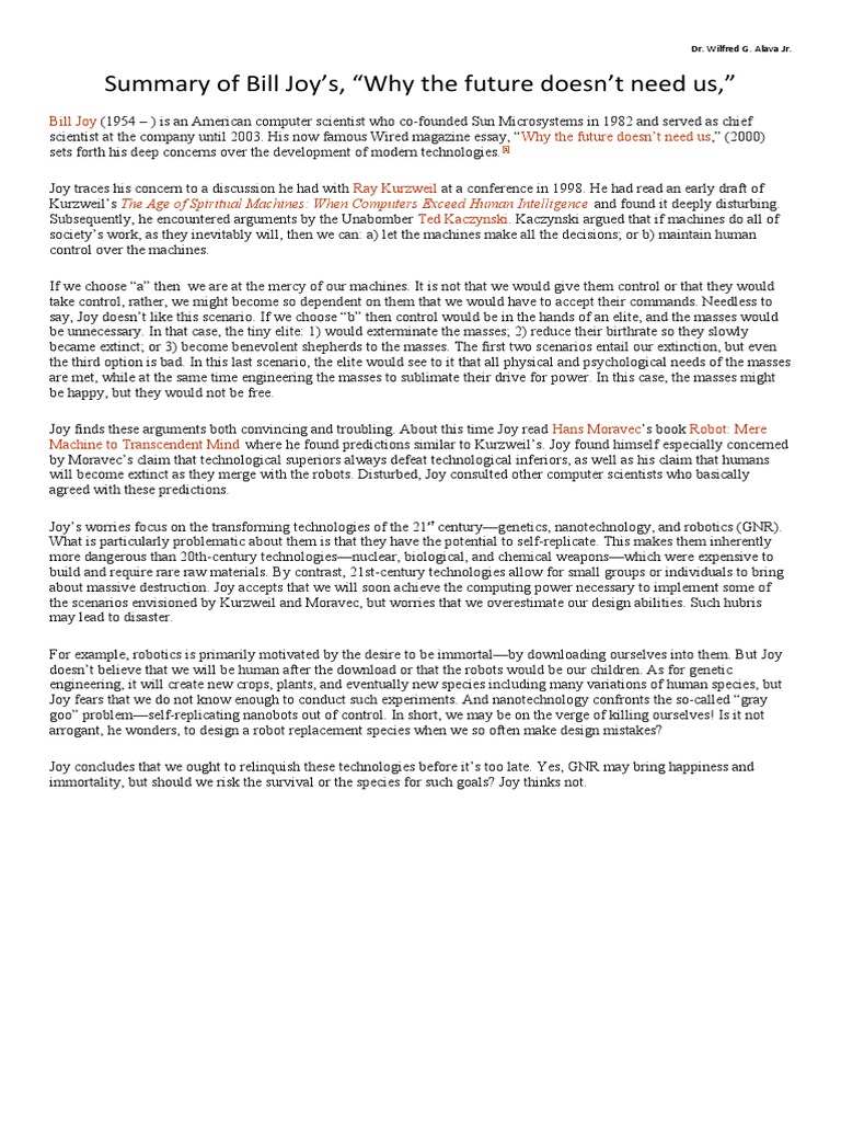 Summary of Bill Joy's, "Why The Future Doesn't Need Us," | PDF ...