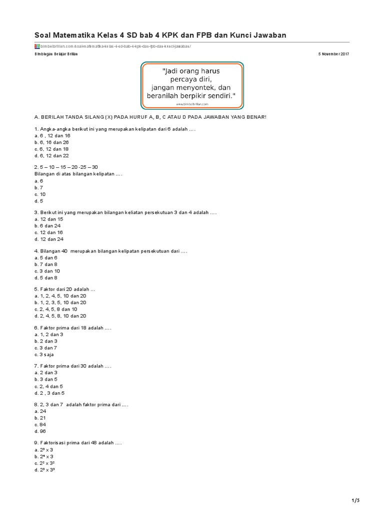 Soal Matematika Kelas 4 SD Bab 4 KPK Dan FPB Dan Kunci Jawaban | PDF